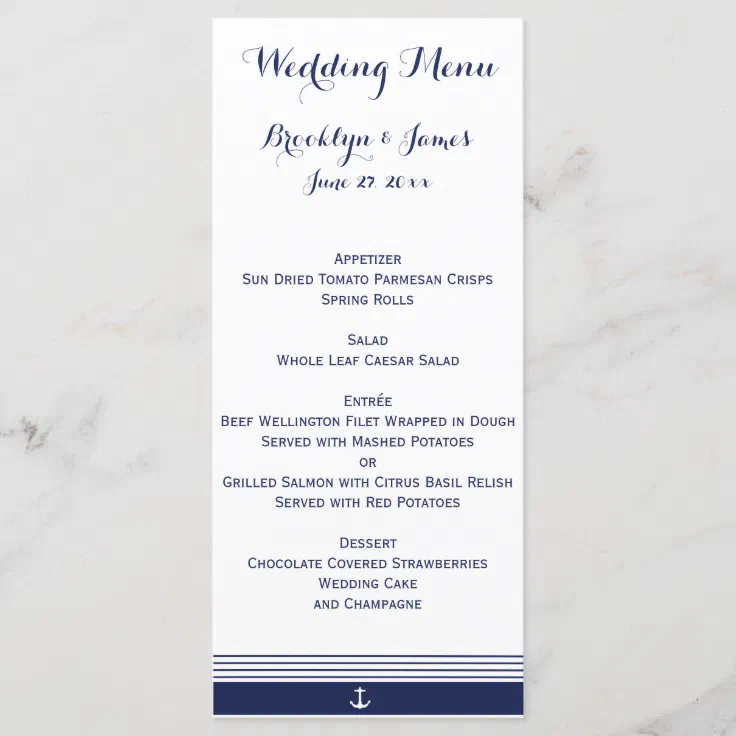 White Custom Nautical Wedding Menu Cards | Zazzle