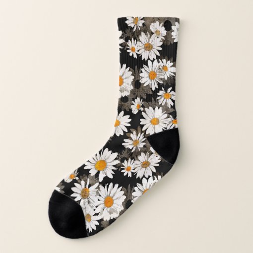 White Daisies on Black Floral Pattern Socks | Zazzle