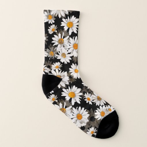 White Daisies on Black Floral Pattern Socks | Zazzle
