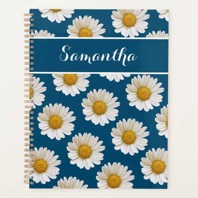 White Daisies on Blue with Custom Name Planner | Zazzle