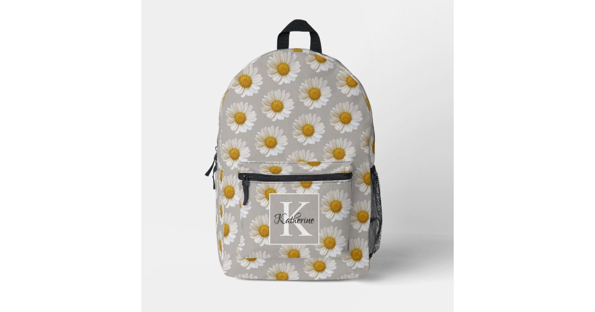 White Daisies Pattern Gray Monogram Printed Backpack | Zazzle