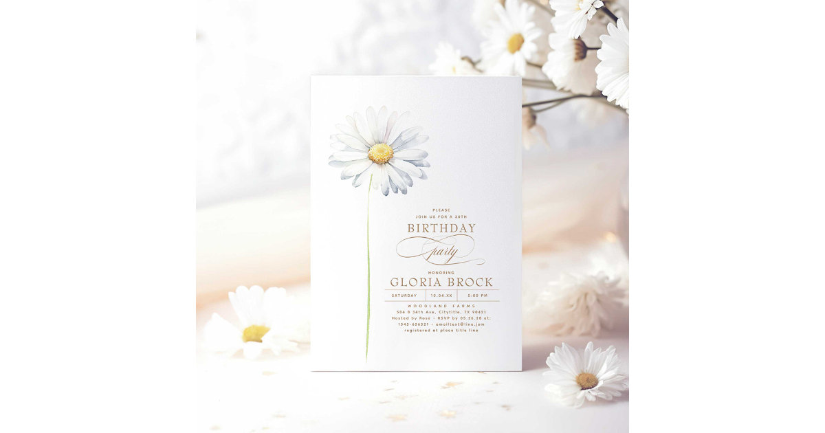 White Daisy Flower Wildflowers Themed Birthday Invitation | Zazzle