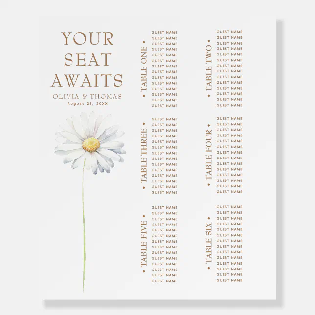 White Daisy Wildflowers Wedding Seating Chart Foam Board | Zazzle