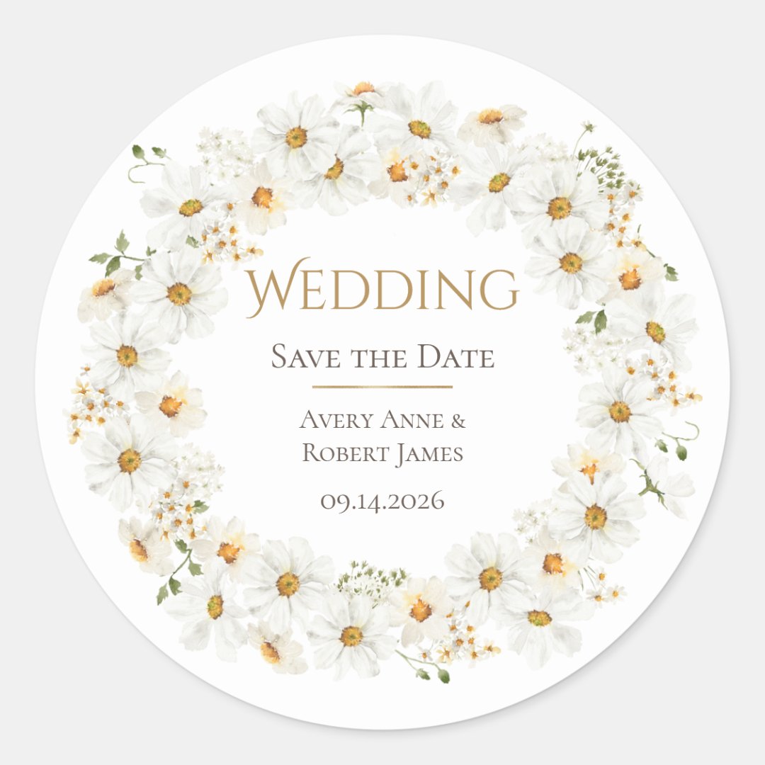 White Daisy Wreath Watercolor Pretty Save the Date Classic Round ...