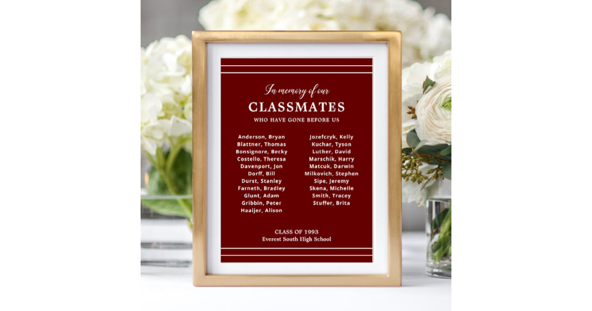 White Dark Red In Memory Of Class Reunion Memorial Poster | Zazzle