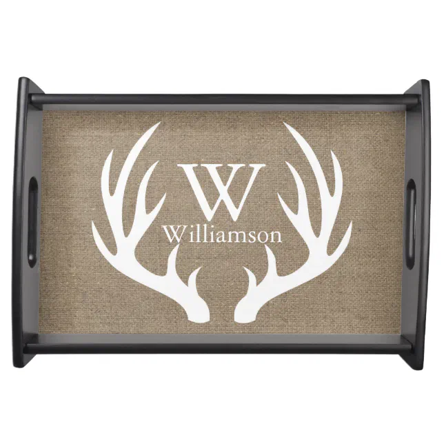 White Deer Antlers Burlap Personalized Serving Tray | Zazzle