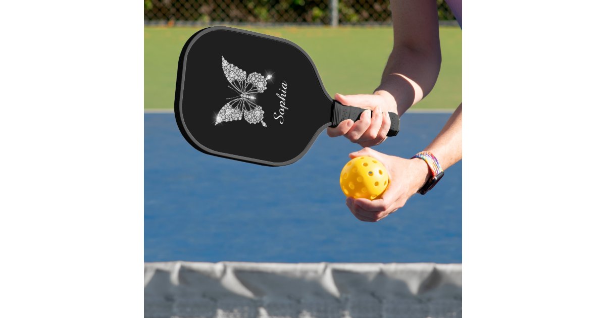White Diamond Butterfly, Script Name, Black Pickleball Paddle | Zazzle