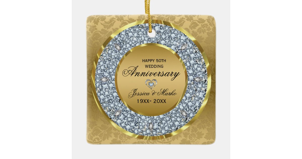 White Diamonds & Gold 50th Wedding Anniversary Ceramic Ornament | Zazzle