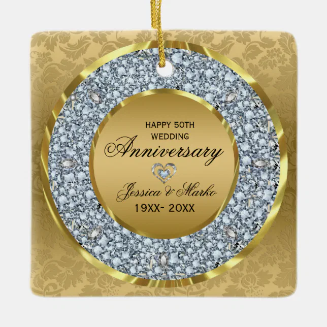 White Diamonds & Gold 50th Wedding Anniversary Ceramic Ornament | Zazzle