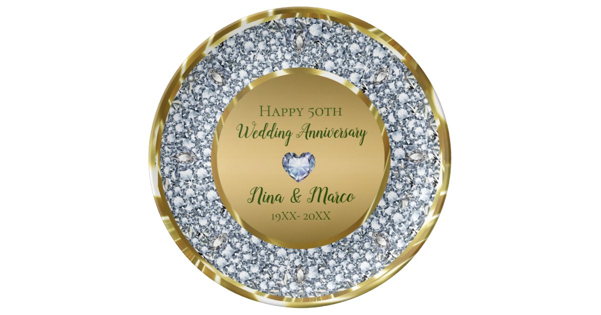 White Diamonds & Gold 50th Wedding Anniversary Porcelain Plate | Zazzle
