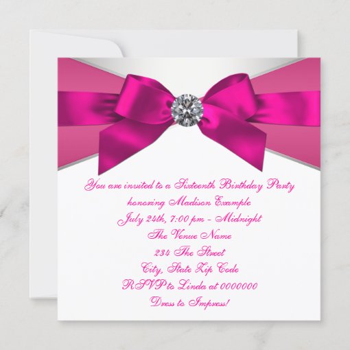 White Diamonds Hot Pink Birthday Party Invitation | Zazzle