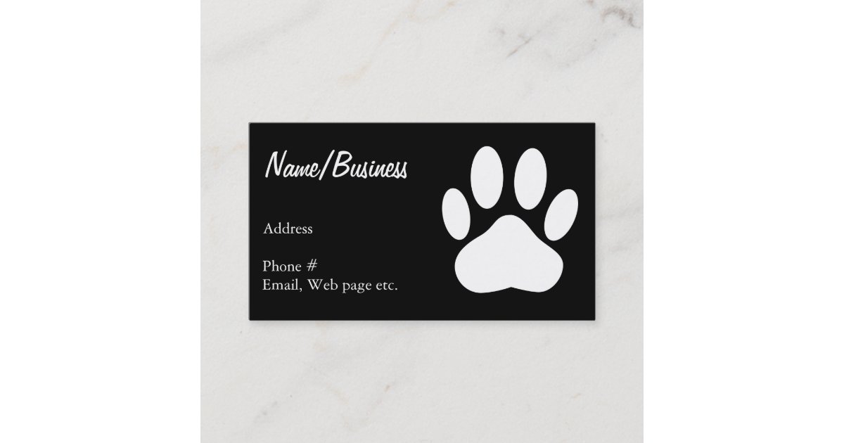White Dog Paw Print On Black Custom Business Card | Zazzle