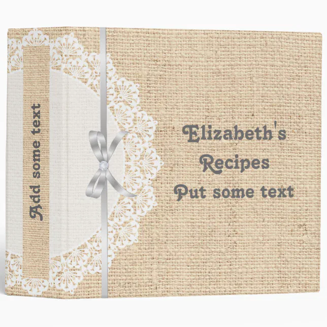 White doily with lace and linen burlap recipe binder | Zazzle