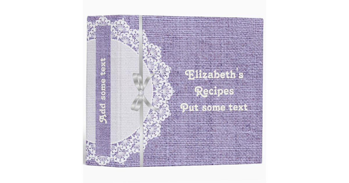 White doily with lace and purple burlap recipe binder | Zazzle