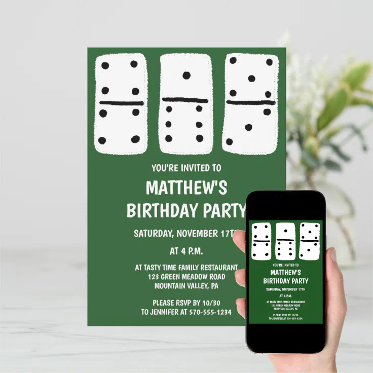 White Dominoes with Black Dots Green Invitation | Zazzle