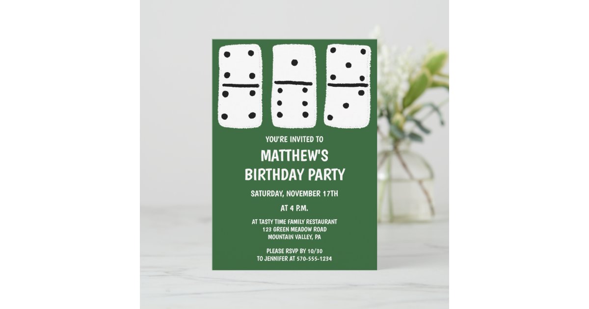 White Dominoes with Black Dots Green Invitation | Zazzle