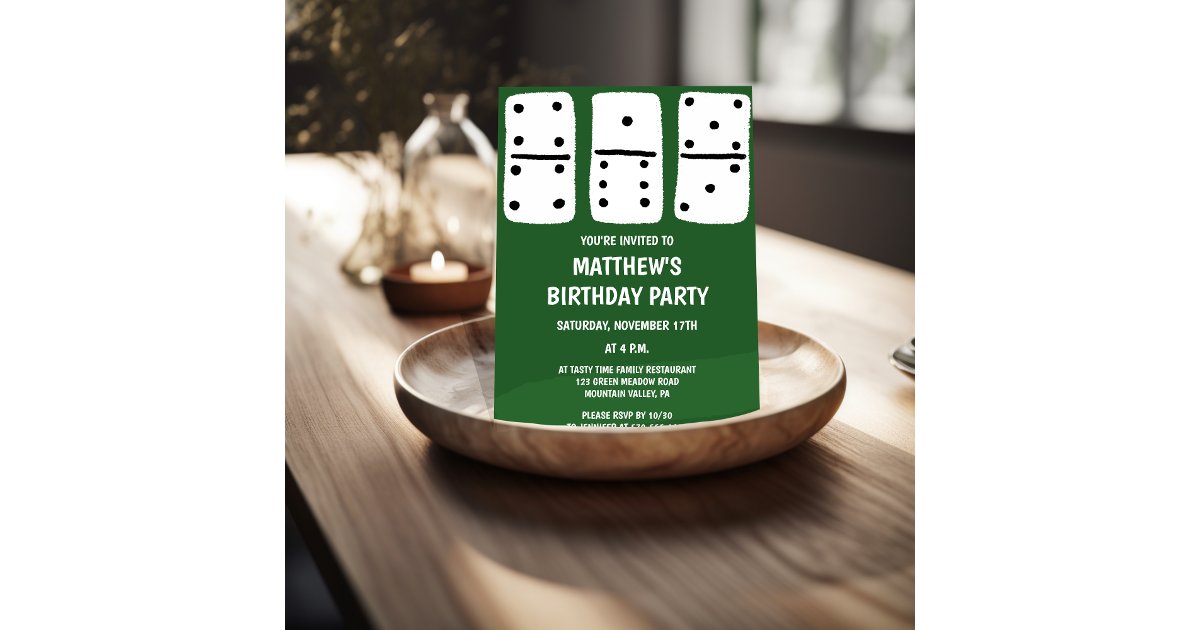 White Dominoes with Black Dots Green Invitation | Zazzle