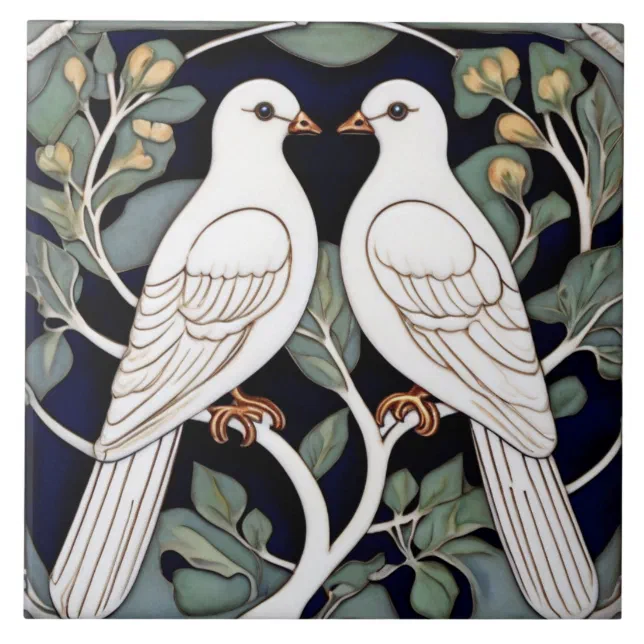 White Doves Birds Art Nouveau Dove Bird Art Deco Ceramic Tile | Zazzle