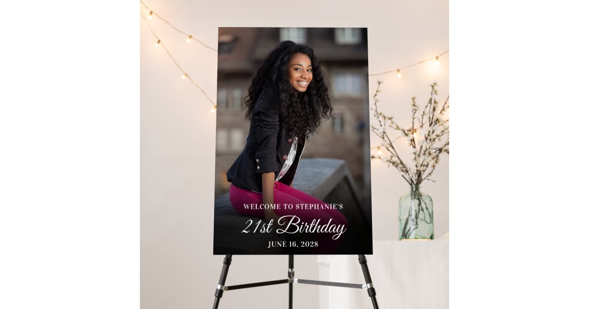 White Elegant Script 21st Birthday Photo Foam Board | Zazzle