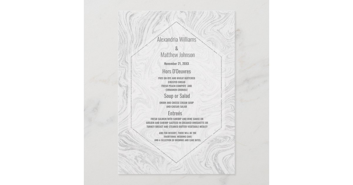 White elegant silver glitter marble Menu | Zazzle