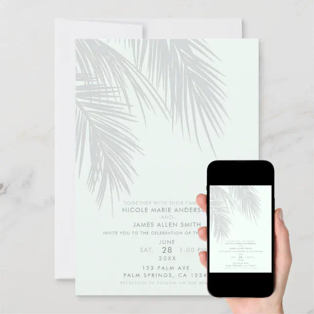 White Elegant Tropical Palm Tree Leaves Wedding Invitation | Zazzle