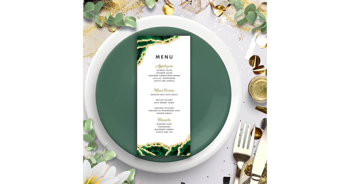 White Emerald Green & Gold Agate Elegant Wedding Menu | Zazzle