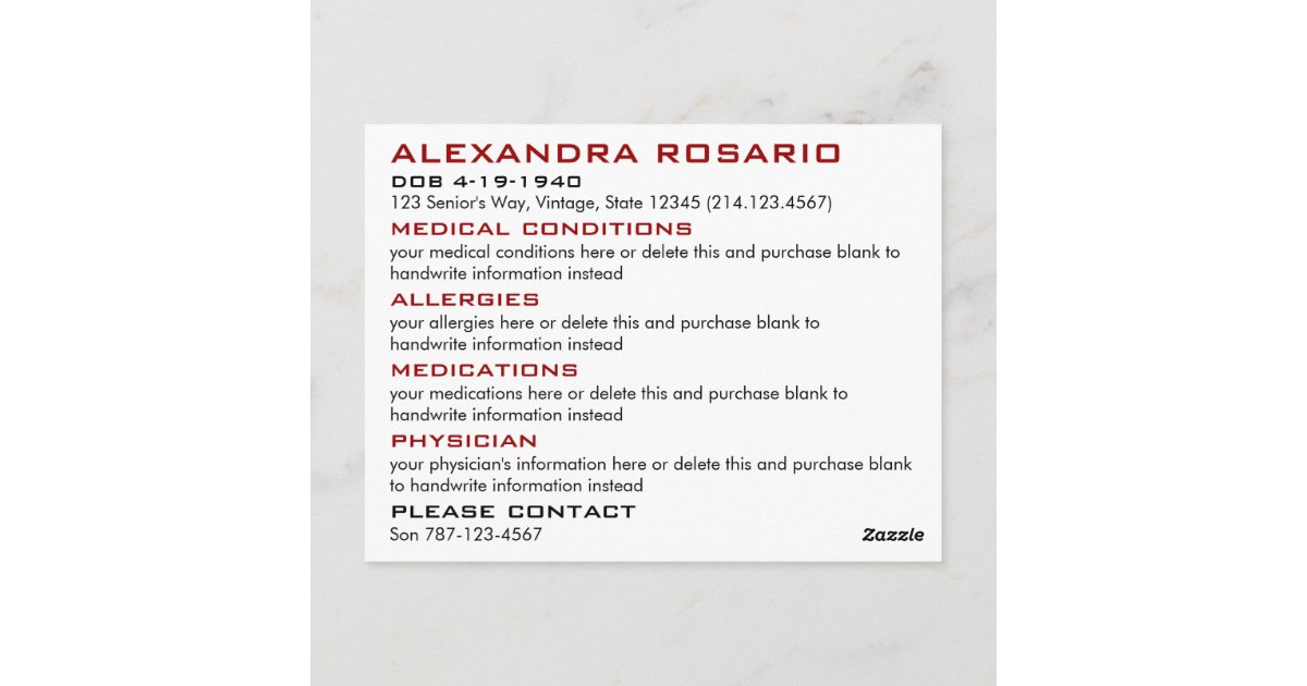 White Emergency Medical Alert Postcard | Zazzle