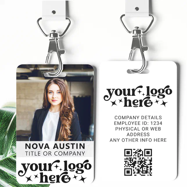 White Employee Photo ID With QR Code Business Logo Badge | Zazzle