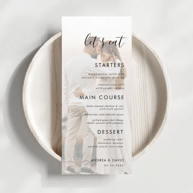 White Faded Photo Fading Overlay Let's Eat Wedding Menu | Zazzle
