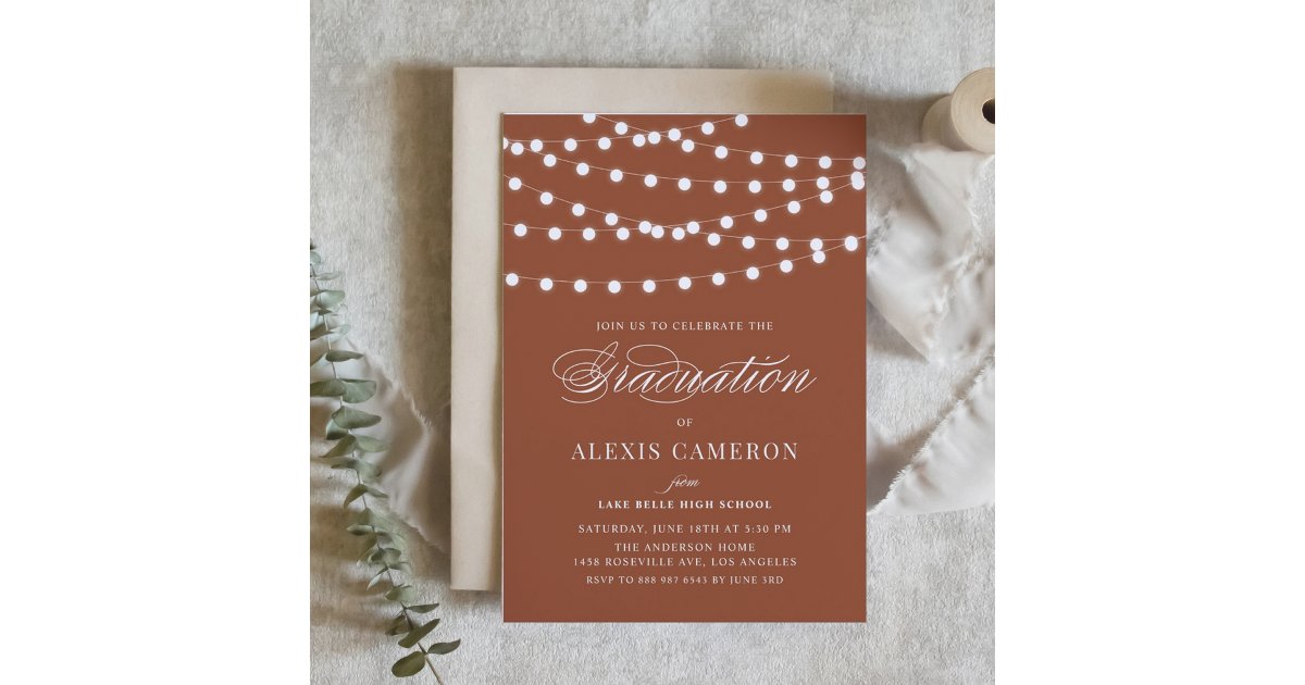 White Fairy Lights Terracotta Graduation Party Invitation | Zazzle