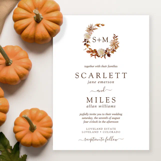 White Fall Terracotta Monogram Wedding Invitation | Zazzle