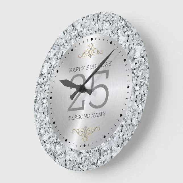 White faux diamonds 25th birthday large clock | Zazzle