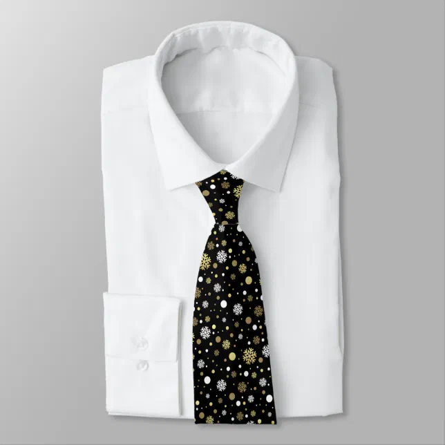 White Faux Gold Snowflakes Polkadots On Black Neck Tie | Zazzle