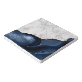 White Faux Marble Gilded Navy Blue Agate Trivet | Zazzle