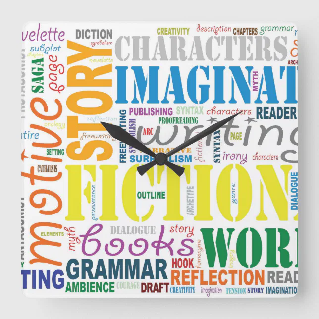 White Fiction Writer's Word Art Clock | Zazzle