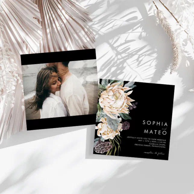 White Floral | Black Photo Square Wedding Invitation | Zazzle