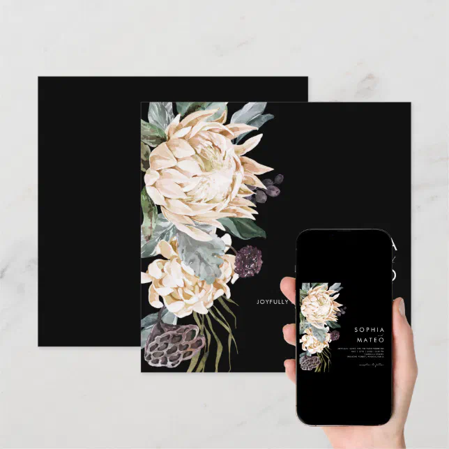 White Floral | Black Square Wedding Invitation | Zazzle