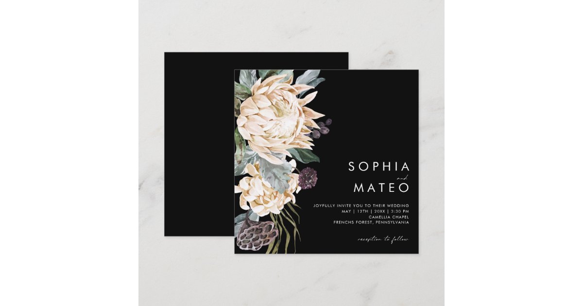 White Floral | Black Square Wedding Invitation | Zazzle