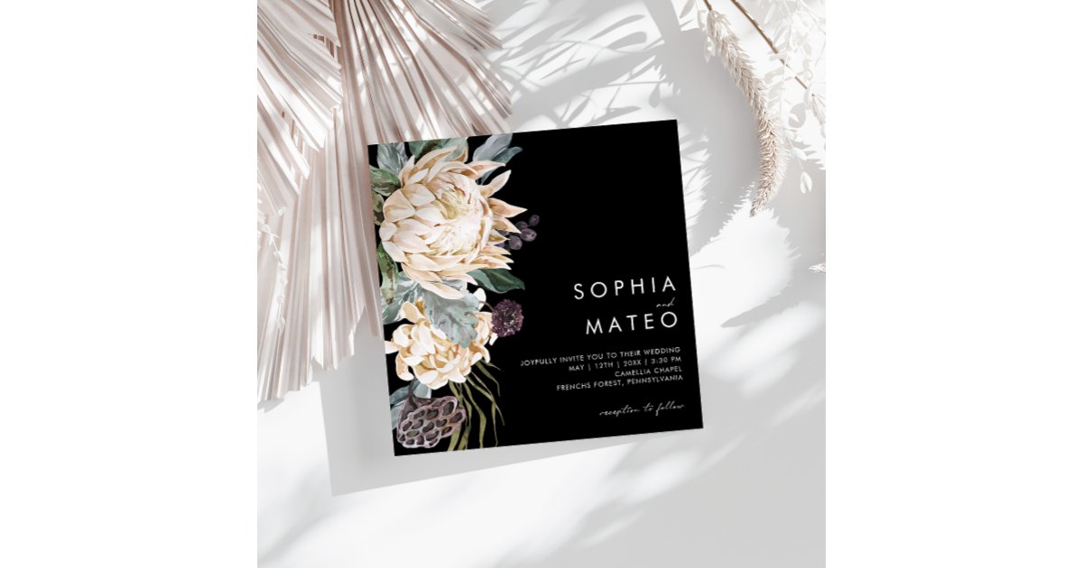 White Floral | Black Square Wedding Invitation | Zazzle
