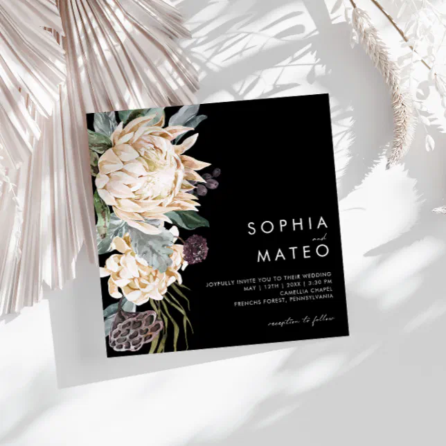 White Floral | Black Square Wedding Invitation | Zazzle