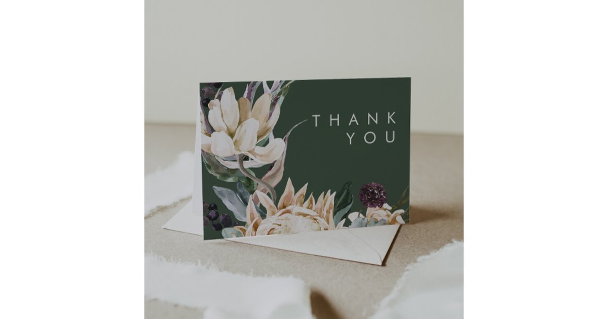 White Floral | Dark Green Thank You Card | Zazzle