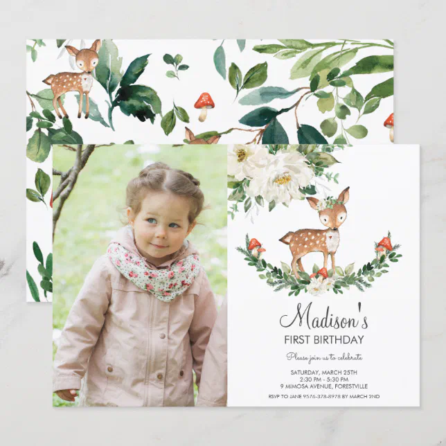 White Floral Deer Fawn Woodland Birthday Photo Invitation | Zazzle