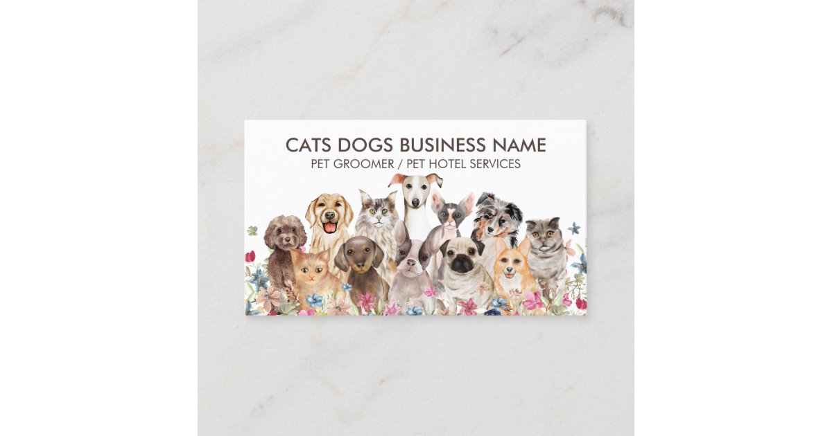 White Floral Design with Cats Dogs Business Card | Zazzle