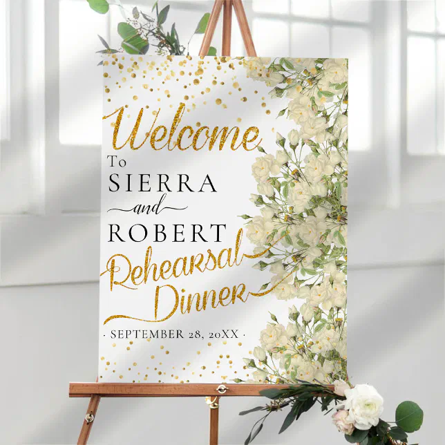 White Floral Elegant Rehearsal Wedding Dinner Sign | Zazzle