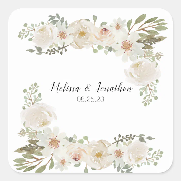 White Floral Elegant Romantic Wedding Square Sticker | Zazzle
