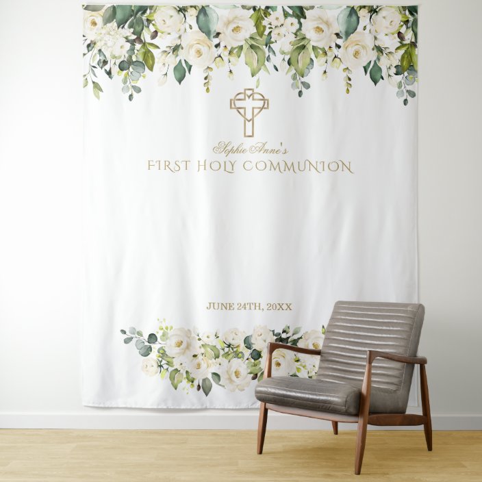 White Floral First Holy Communion Backdrop | Zazzle.com