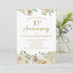 White Floral Flower 10th Tenth Wedding Anniversary Invitation | Zazzle