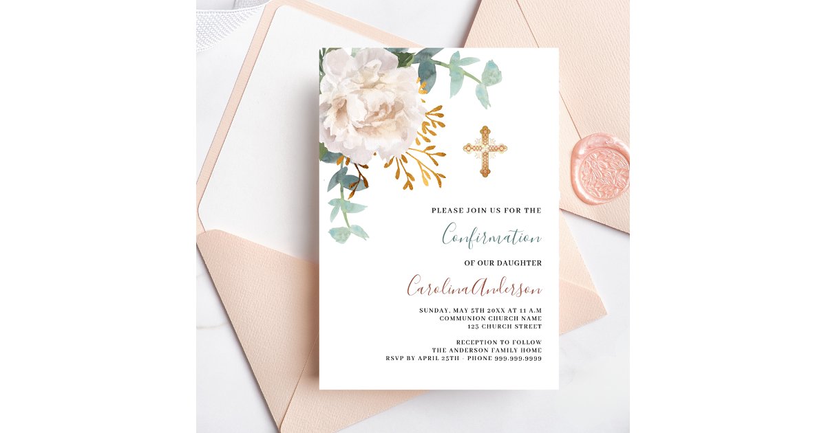 White floral gold cross luxury confirmation invitation | Zazzle