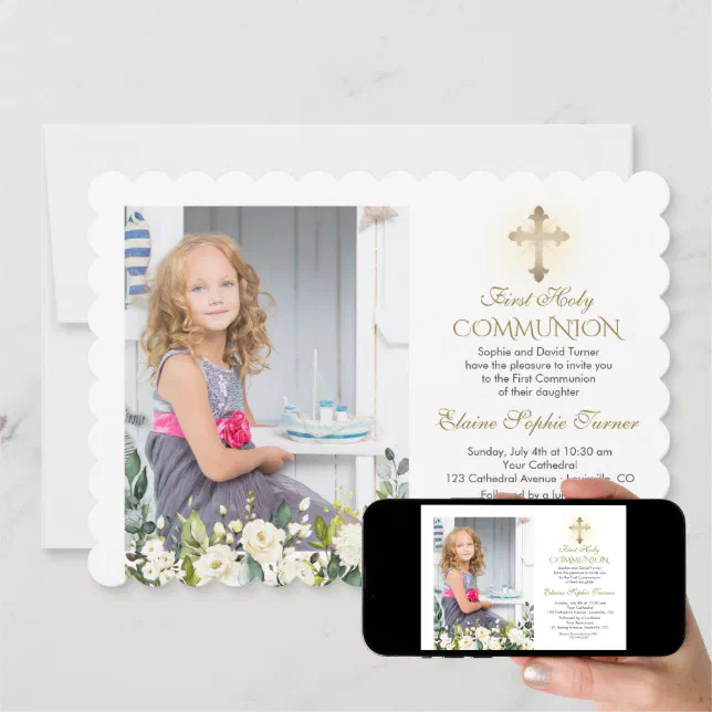 White Floral Gold Cross Photo Holy Communion Invitation | Zazzle