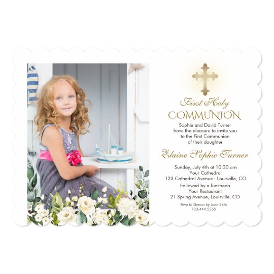 White Floral Gold Cross Photo Holy Communion Invitation | Zazzle.com